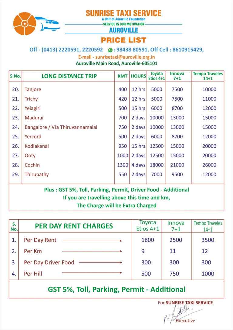 Price List - Sunrise Taxi Service